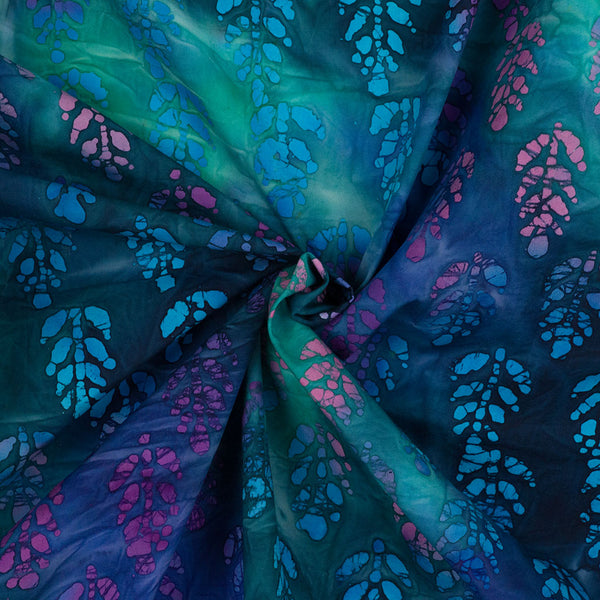 Bali - Blue and Green Leaf Batik Printed Woven Fabric - Patterns and Plains